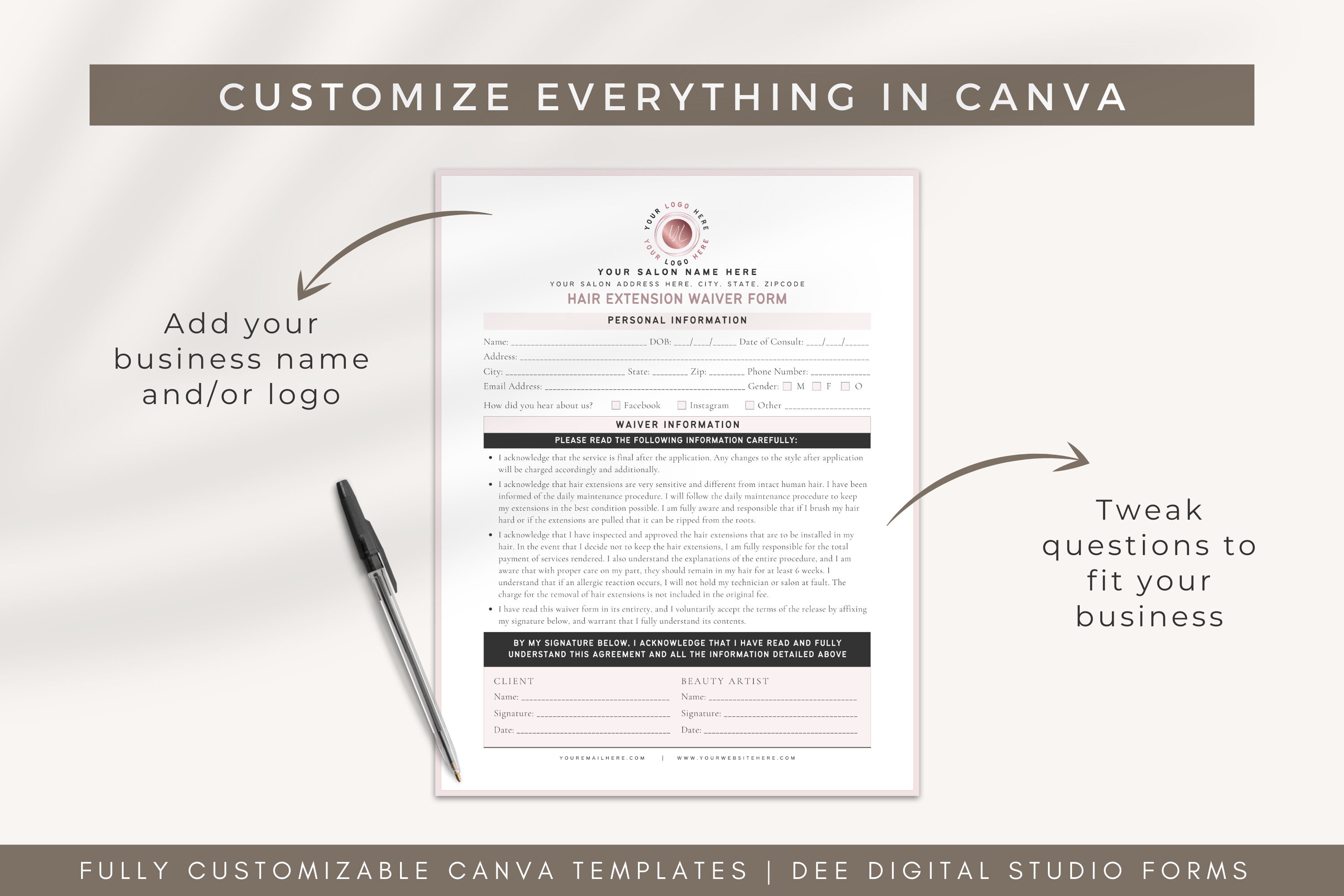 Hair Extension Waiver Form | Canva Templates | Salon Business Form ...
