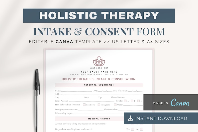 Holistic Therapy Intake | Canva Templates | Holistic Therapy Consent ...