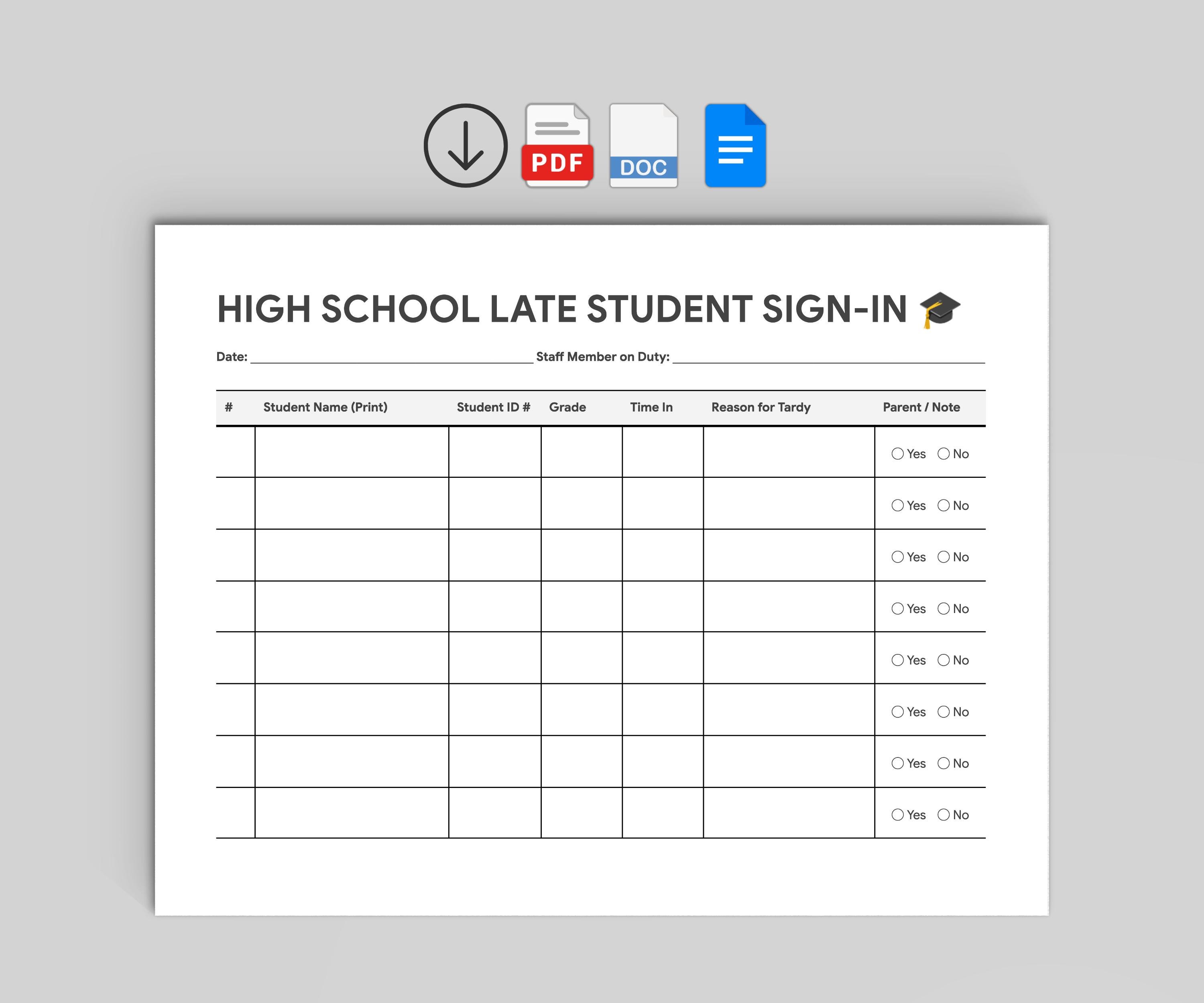 High School Late Student Sign-in Sheet | Tardy Log Tracker (PDF, Google ...