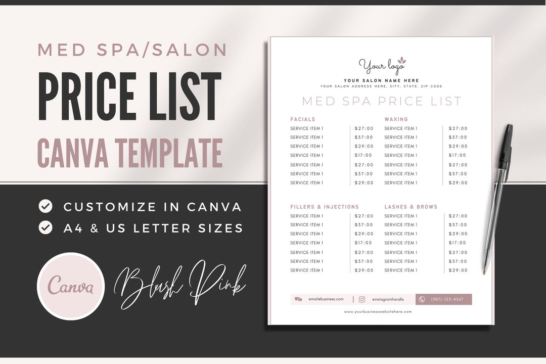 Med Spa Salon Price List Template: Editable Canva Design (digital ...