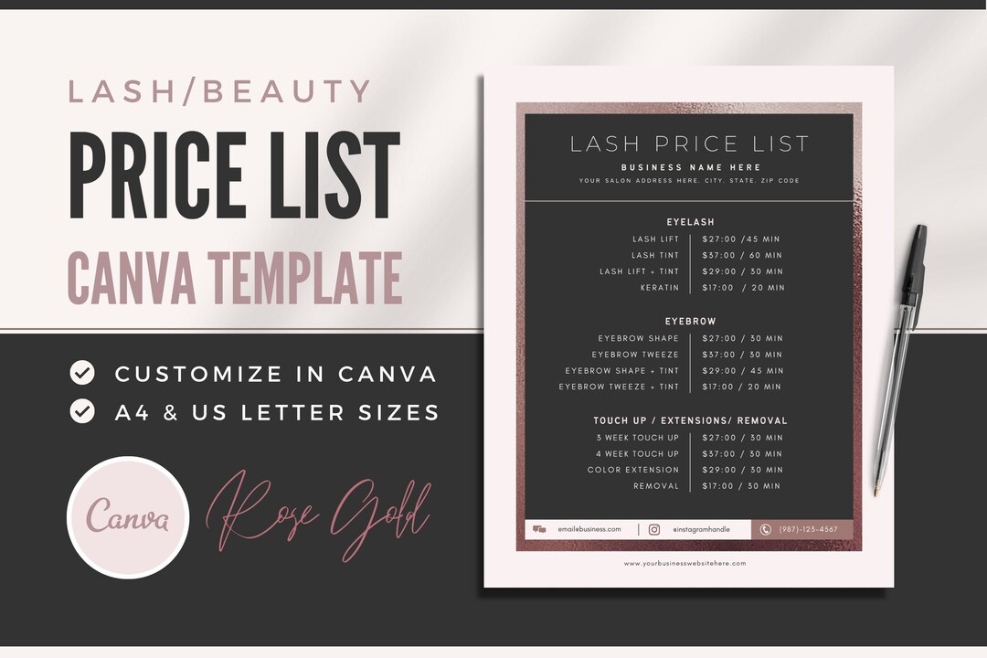 Lash and Brow Price List Template Price List Sheet - Etsy