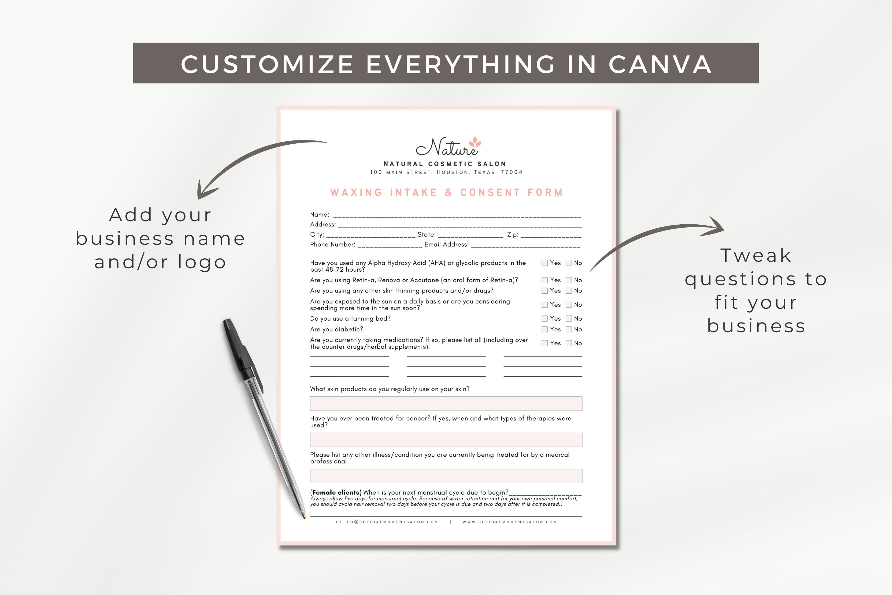 Waxing Client Intake Form: Esthetician Consent Template (canva Editable ...