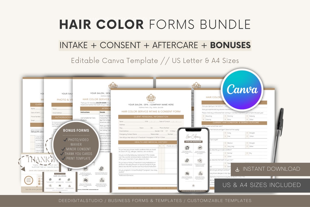 Hair Color Forms Bundle: Salon Intake, Consent, Aftercare (canva ...