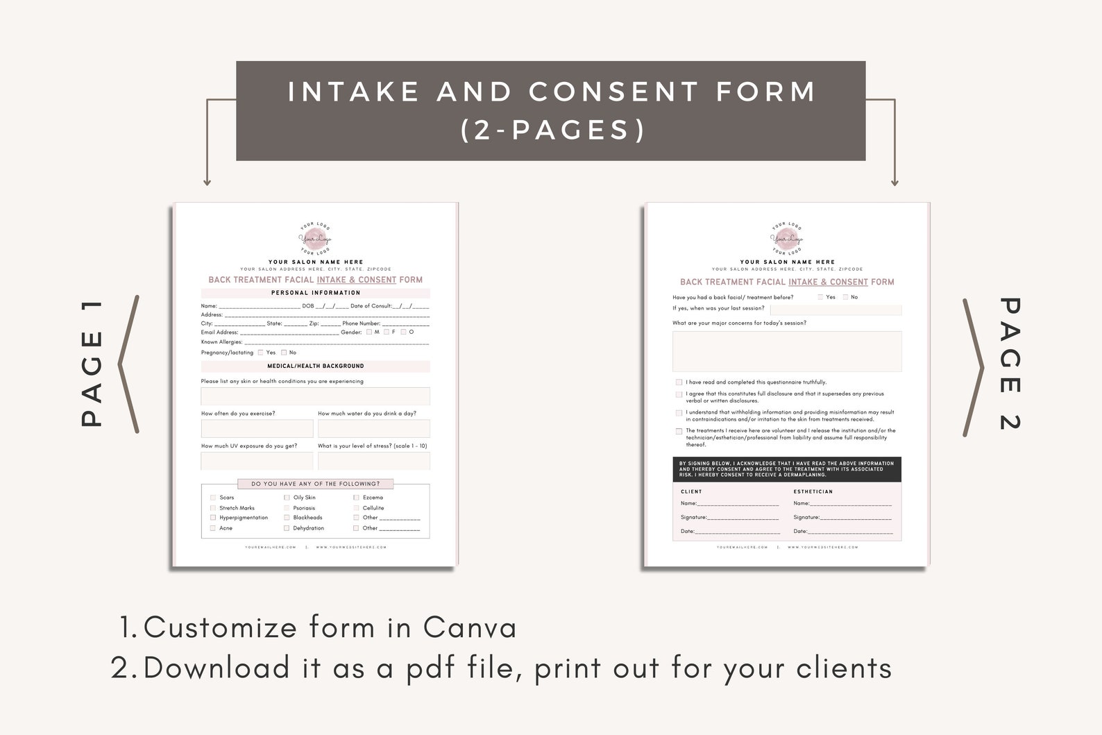 Acne Back Treatment Facial Intake Consent Form Editable Canva Template ...