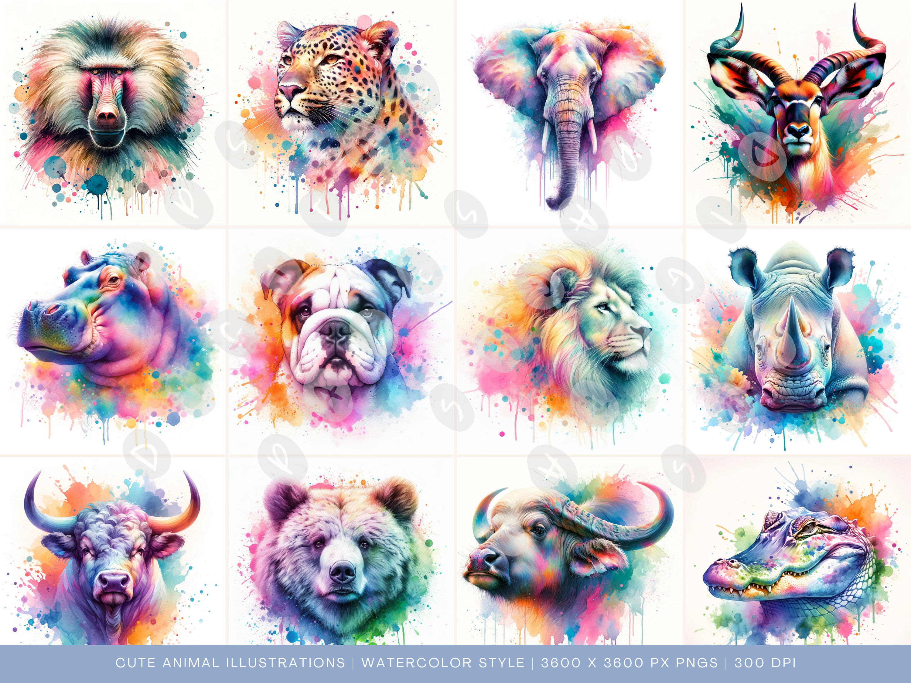 Water Color Animal Faces Clipart, Cute Animals Clipart Personal and ...