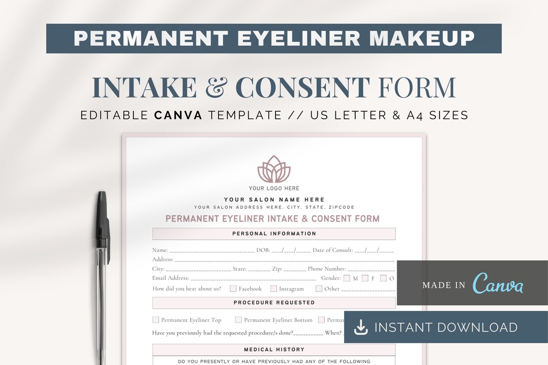 Permanent Eyeliner Makeup Form: PMU Intake & Consent (canva Template ...