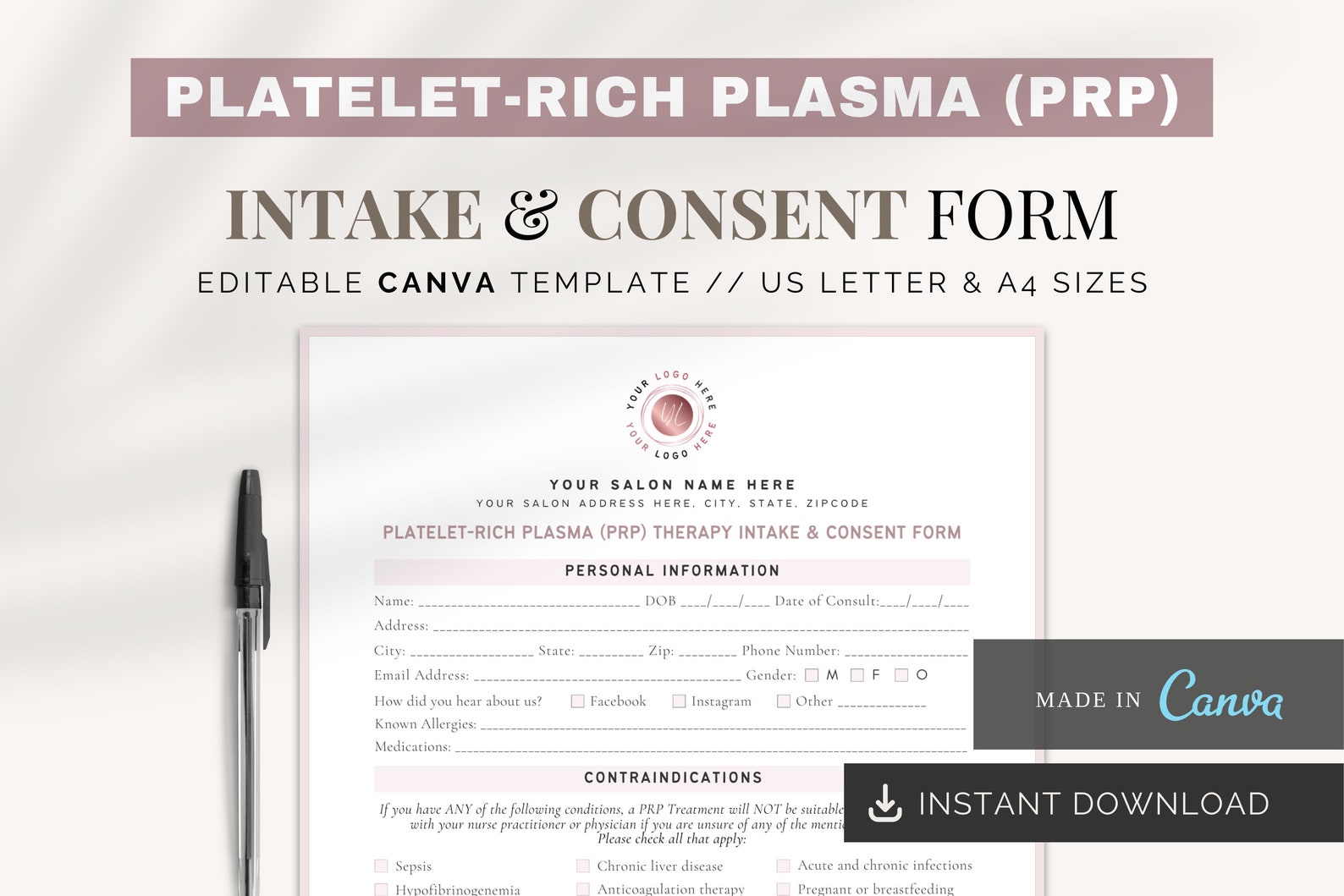 Platelet-rich Plasma PRP Therapy Practitioner Forms Esthetician Canva ...