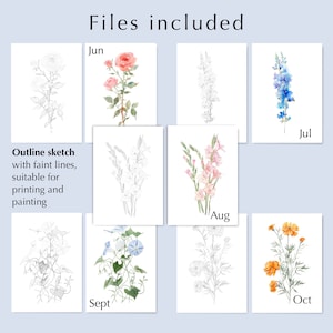 12 Birthday Flower Outline Drawings, Templates, PDF Digital Download ...