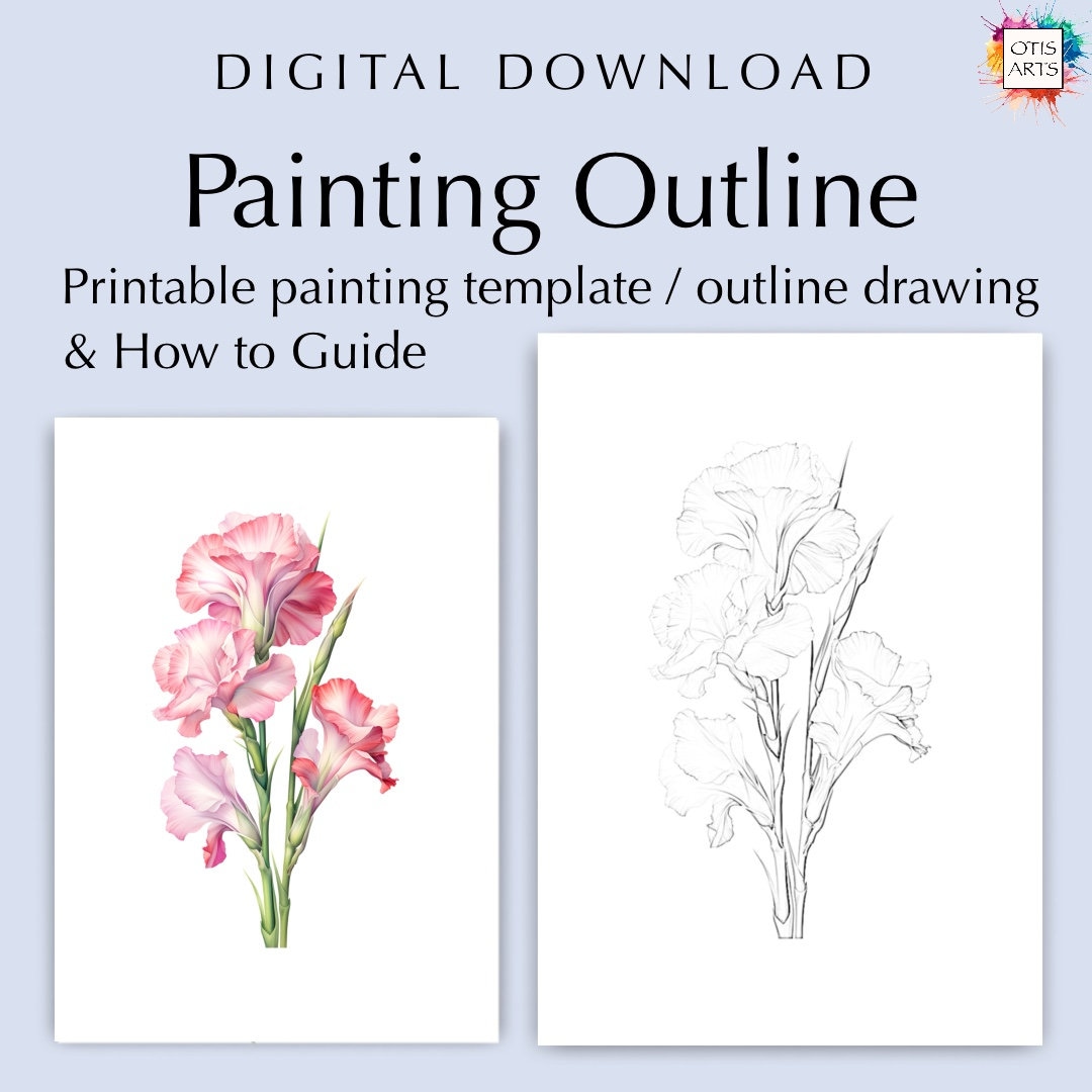 Pink Gladiolus Flower Outline Drawing, PDF Digital Download for ...