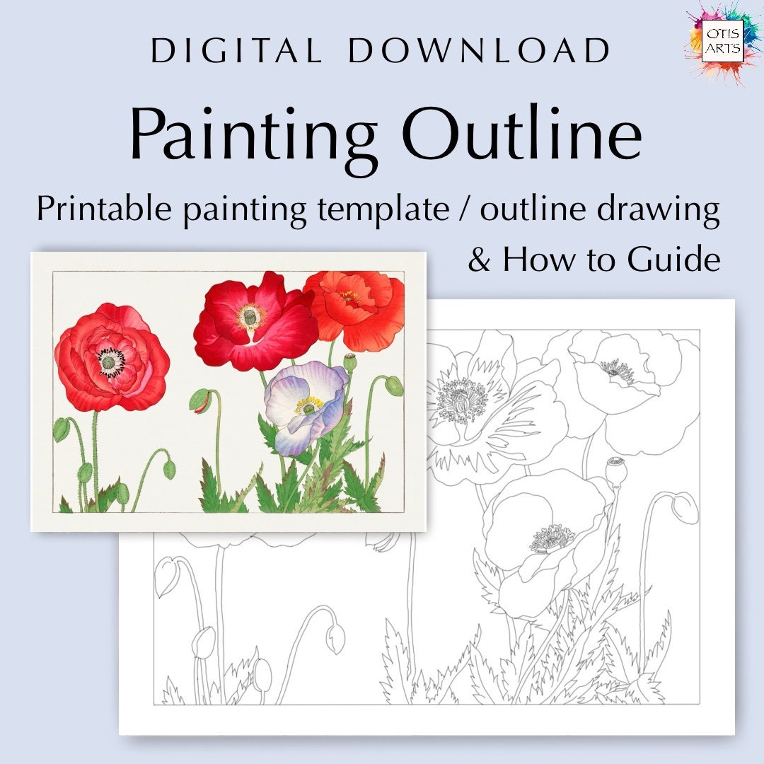 Vintage Poppies Outline Drawing, PDF Digital Download for Coloring or ...