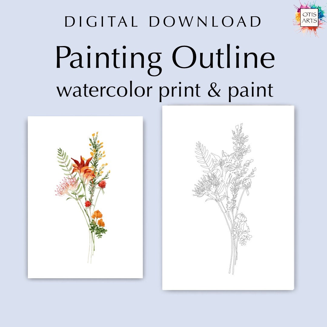 Orange Flower Drawing Outline, Printable Painting Kit for Watercolor ...