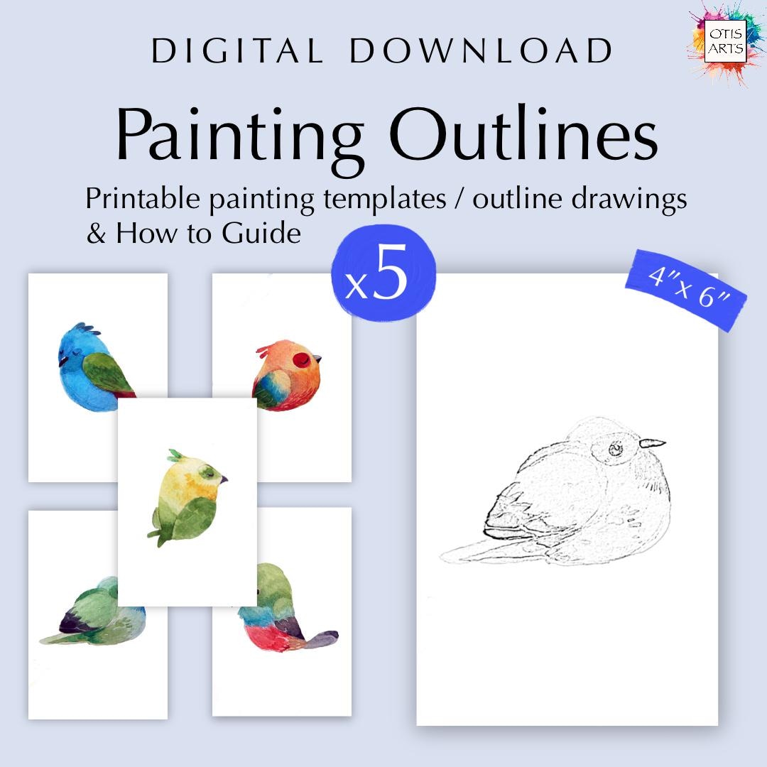 Watercolor Bird Painting Outlines: DIY Art Card Templates (digital ...