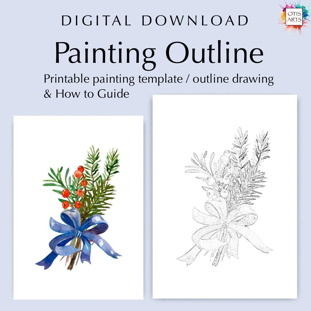 Festive Pine Watercolor Painting Kit - Printable A4 Outline Template ...