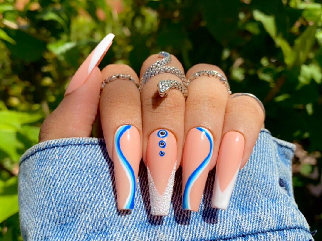 Protection Press on Nails Evil Eye Nails Glitter Nails Blue Nails Blue ...