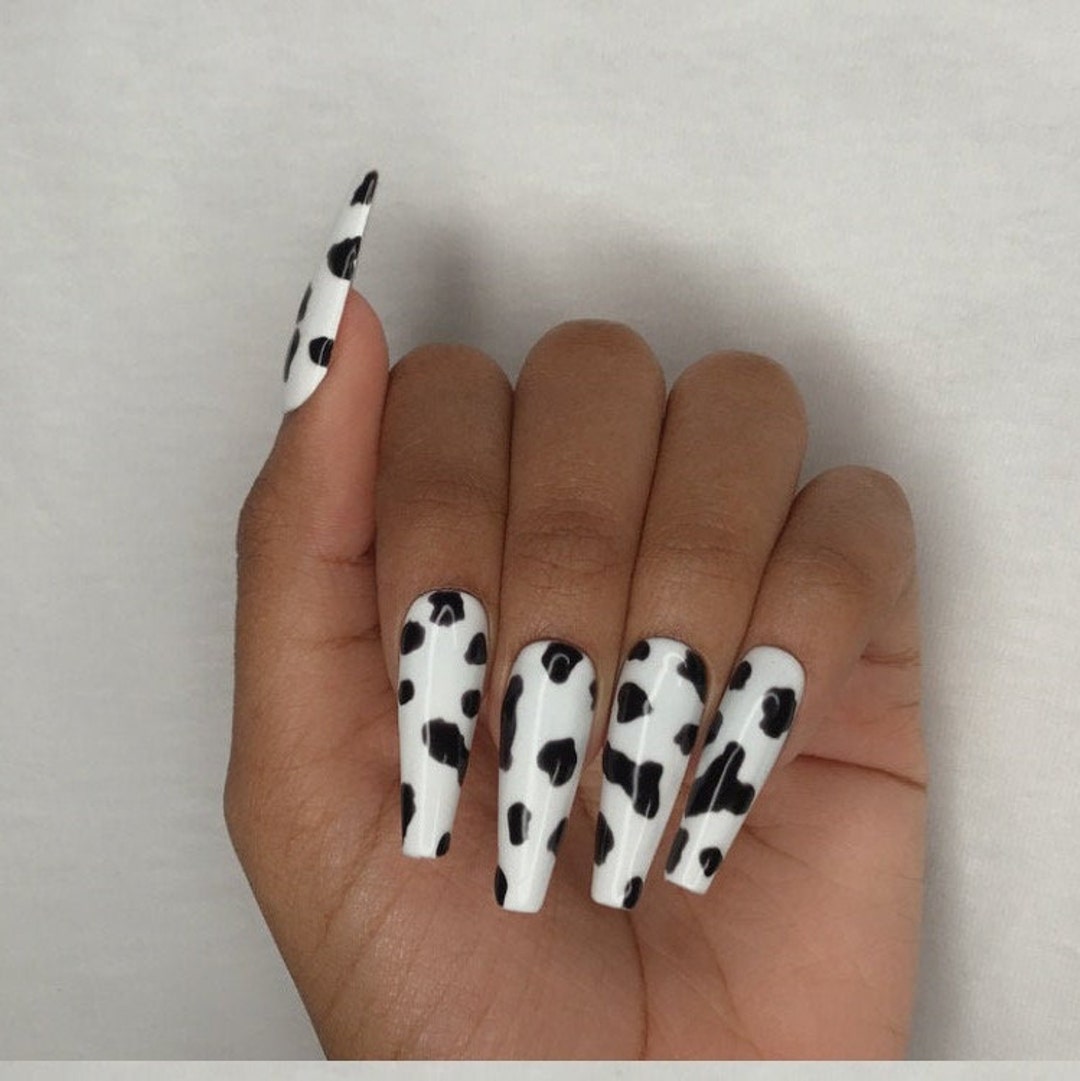 Cow Print Press on Nails Animal Print Nails Black and - Etsy