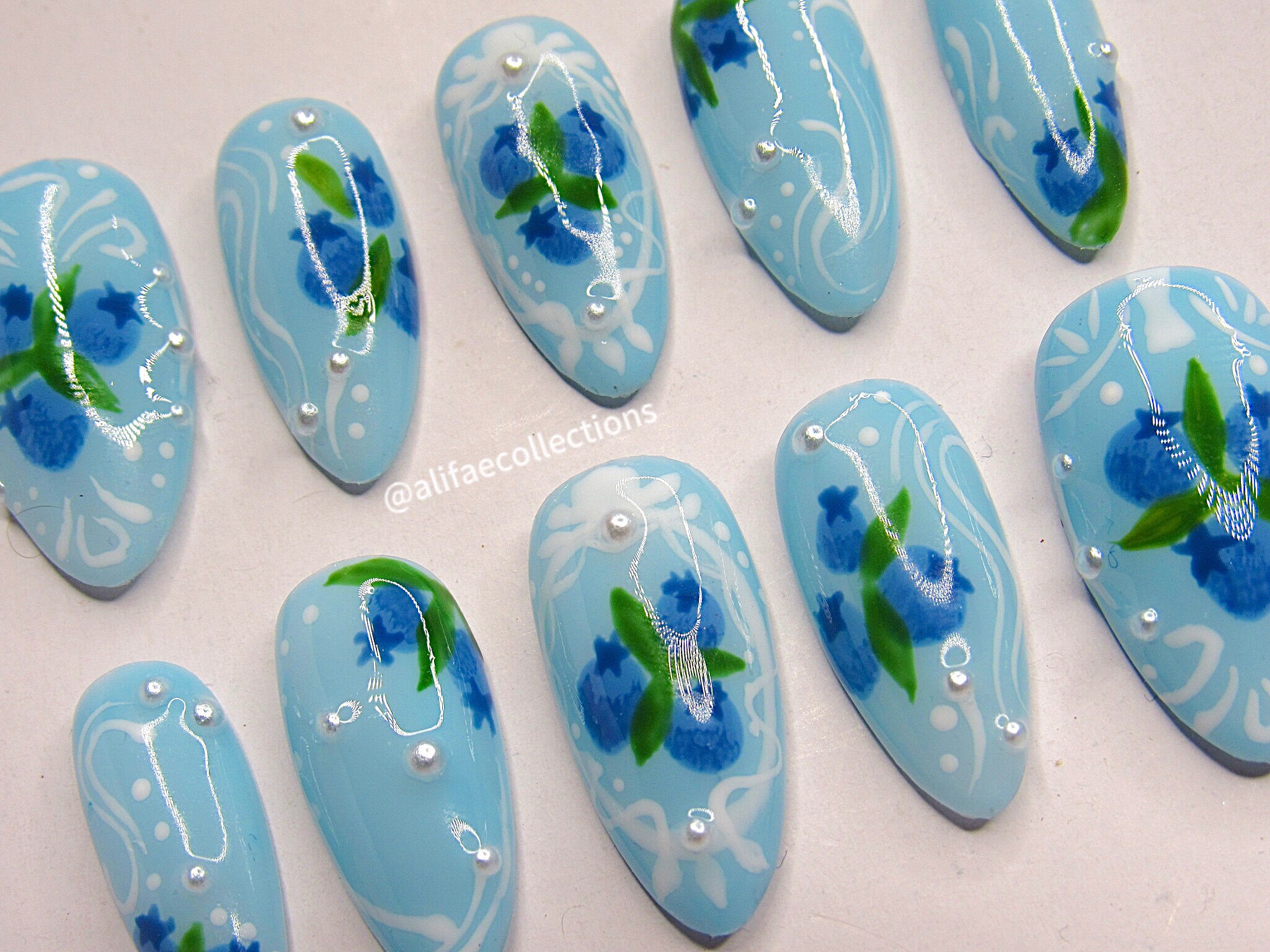 Blueberry Bouquet Blueberry Nails Hand Painted False Nails Summer Fruit ...