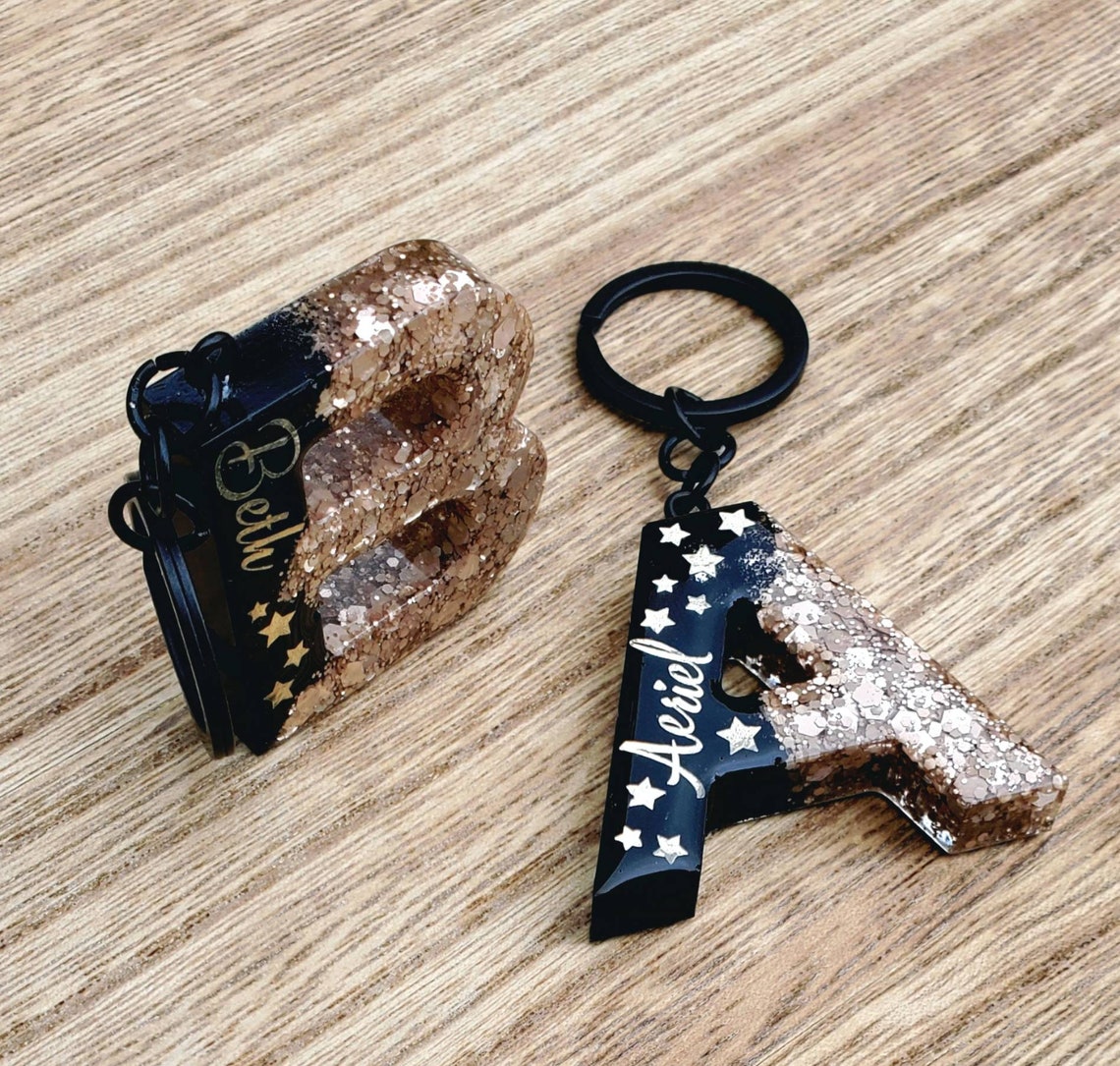 Black and Gold Personalized Resin Letter Keychain - Etsy