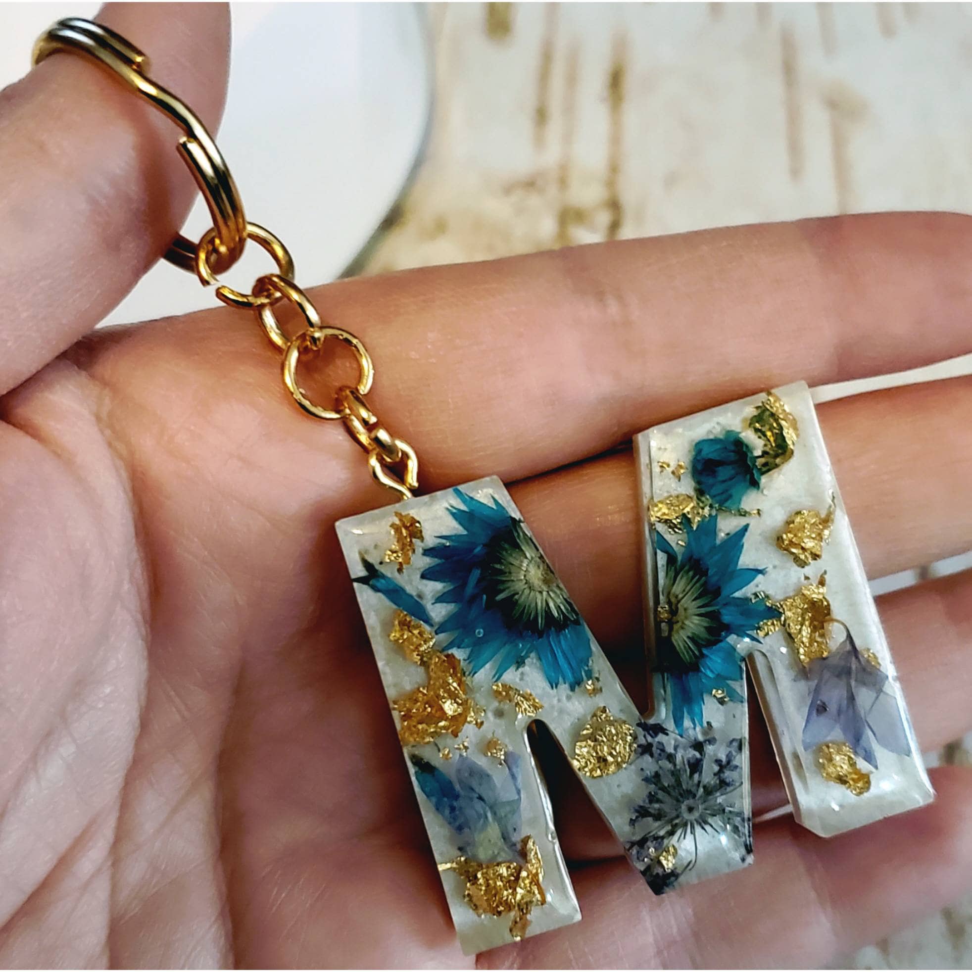 Resin Letter Keychains With Gold Flake and Real Dried Flowers - Etsy