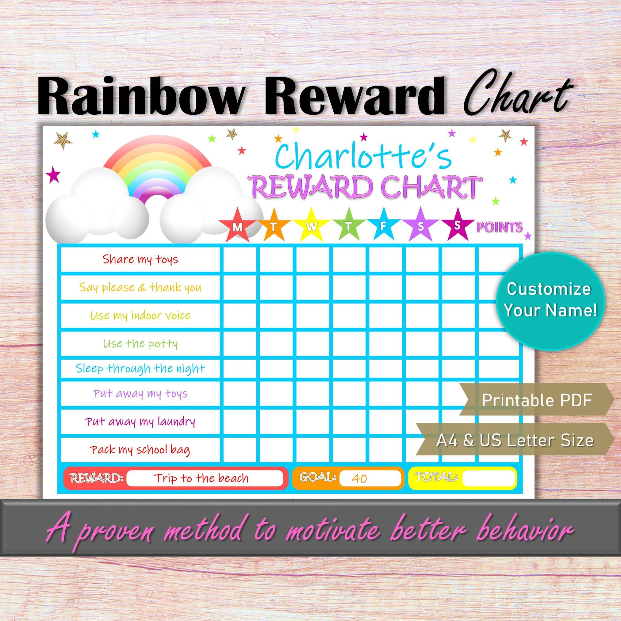 Kids Reward Chart, Kids Behavior Chart, Printable Rainbow Reward Chart ...
