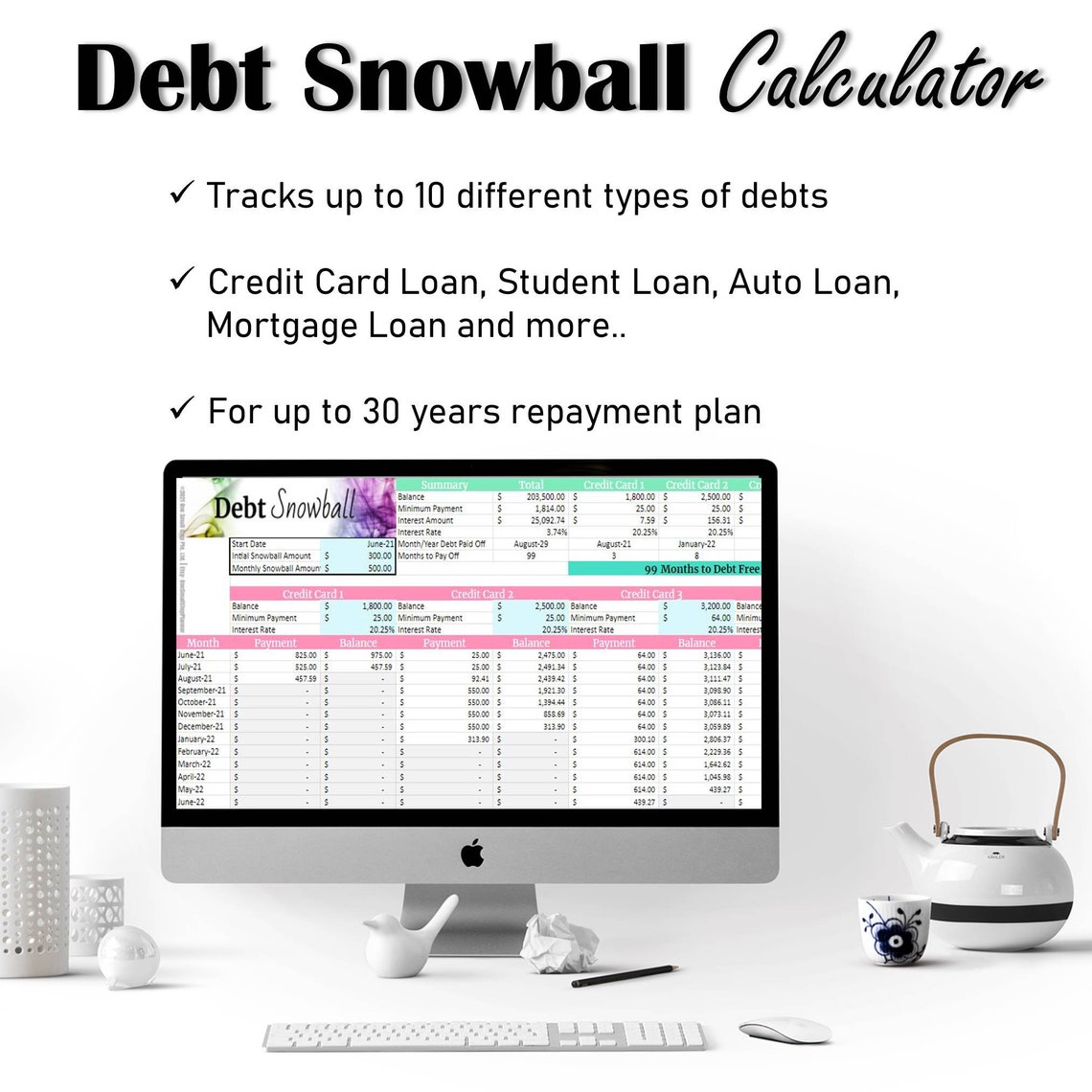 Debt Snowball Spreadsheet, Google Sheet Budget Template, Debt Payment ...