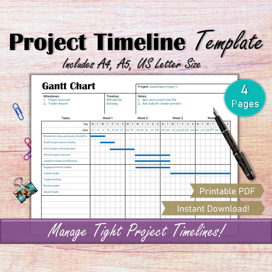 Project Management Template, Printable Project Planner Timeline Gantt ...