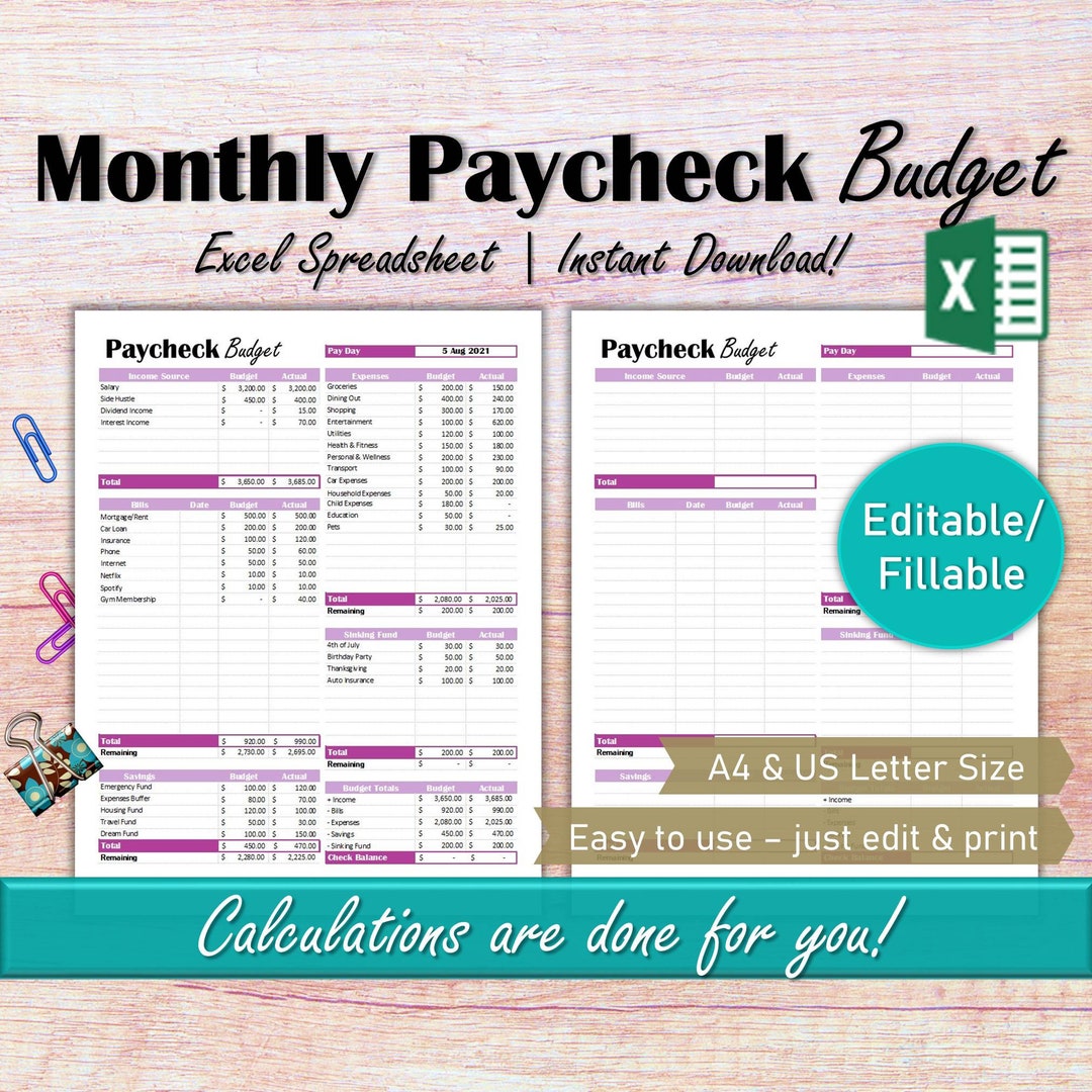 Budget by Paycheck Spreadsheet, Editable Monthly Budget Template Excel ...