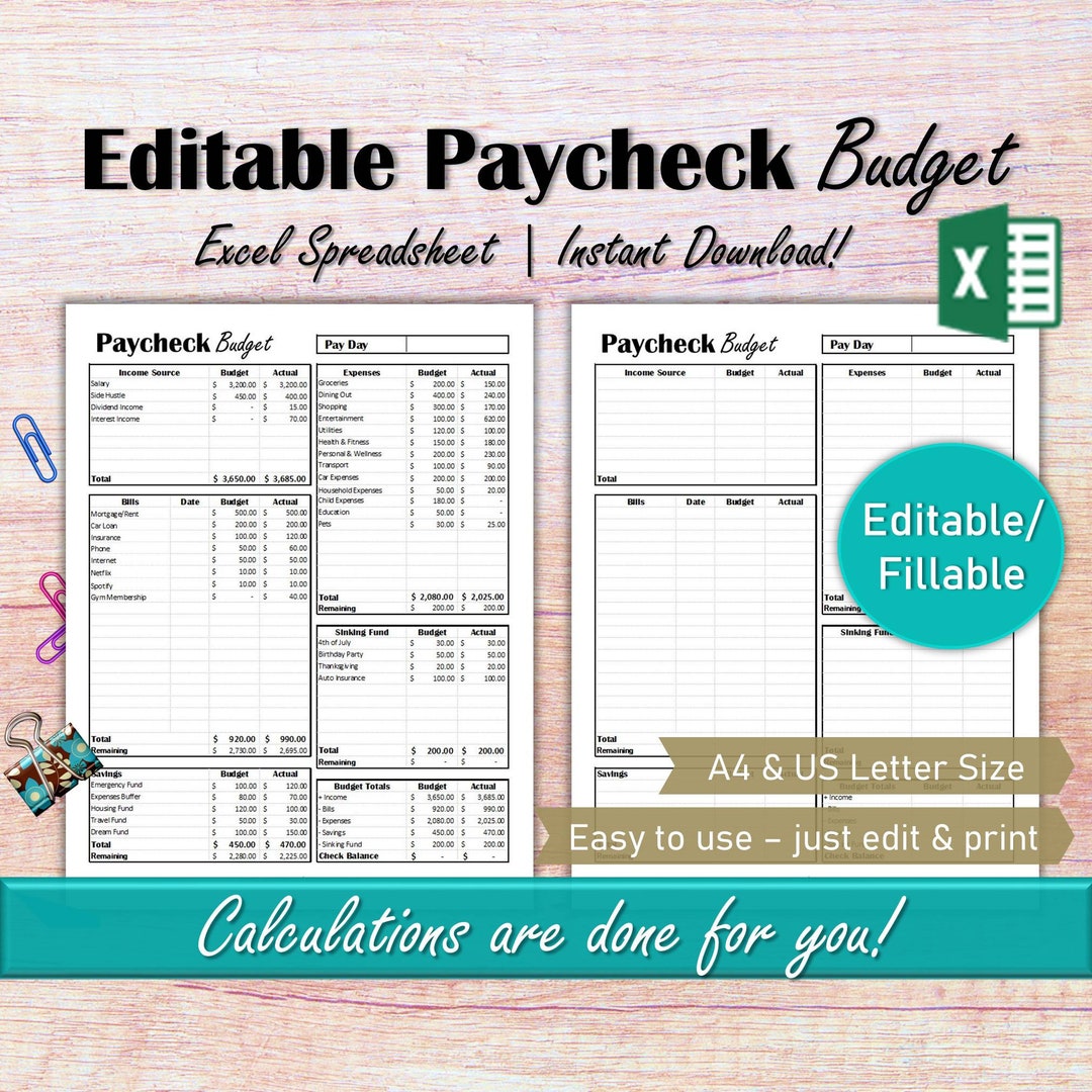 Paycheck Budget Excel Spreadsheet, Editable Monthly Budget by Paycheck ...