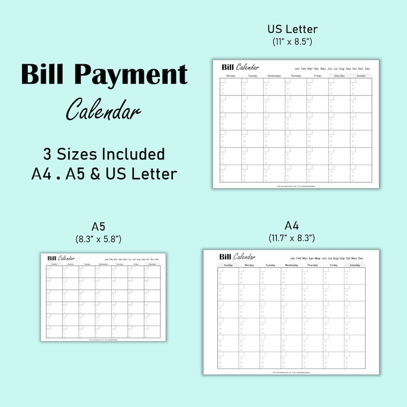 Monthly Bill Tracker Calendar, Bill Payment Calendar, Personal Finance ...