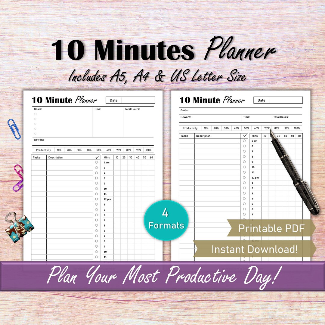 10 Minutes Hourly Planner Printable, Time Management Pomodoro Time ...