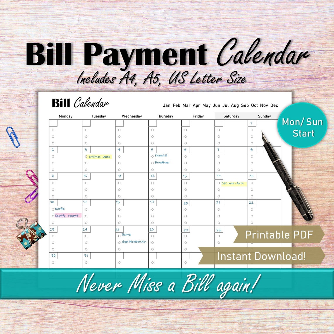 Monthly Bill Tracker Calendar, Bill Payment Calendar, Personal Finance ...