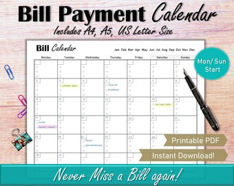 Printable Bill Payment Calendar Monthly Bills Calendar Bill Payment ...