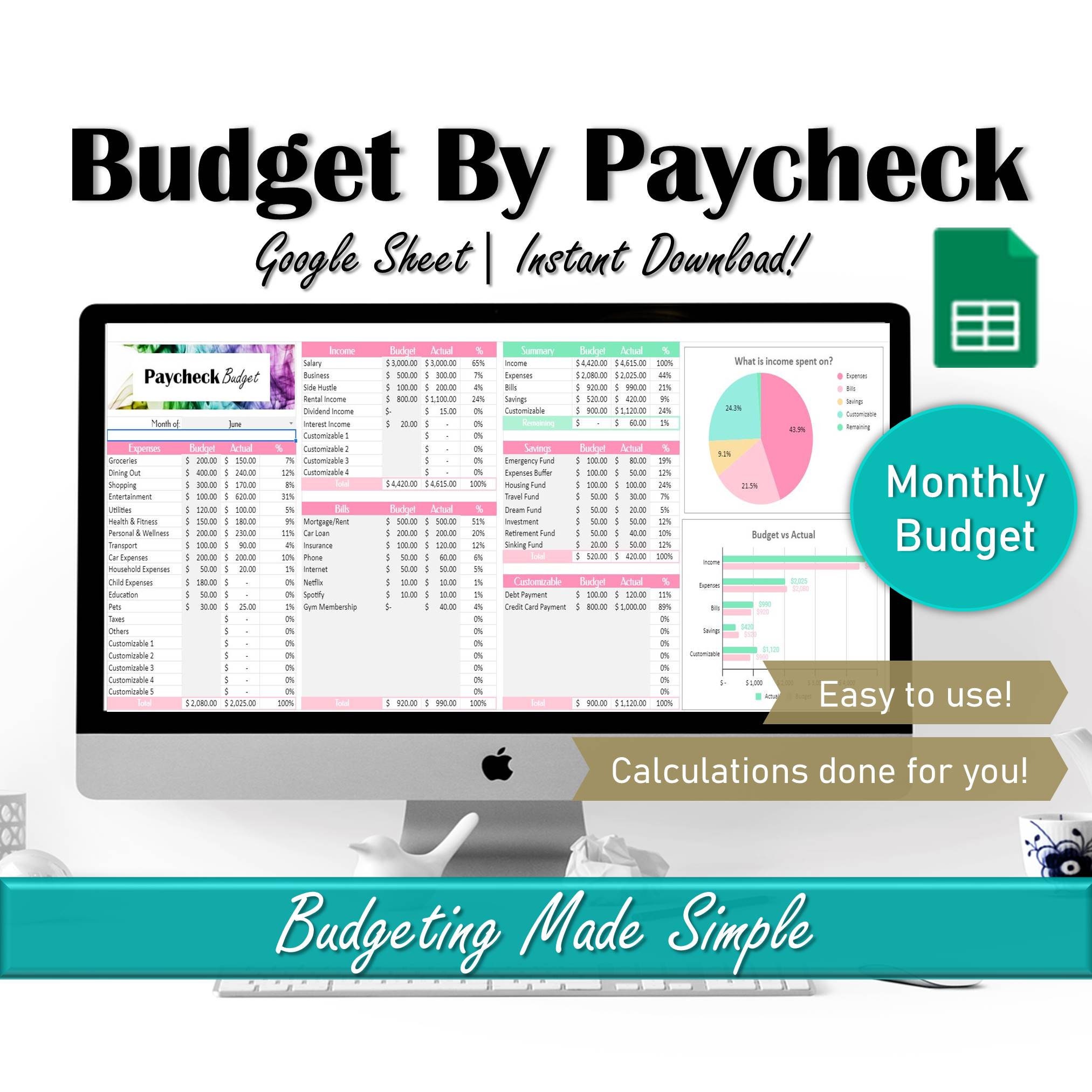 Paycheck Budget Spreadsheet, Google Sheet Budget Template, Biweekly ...