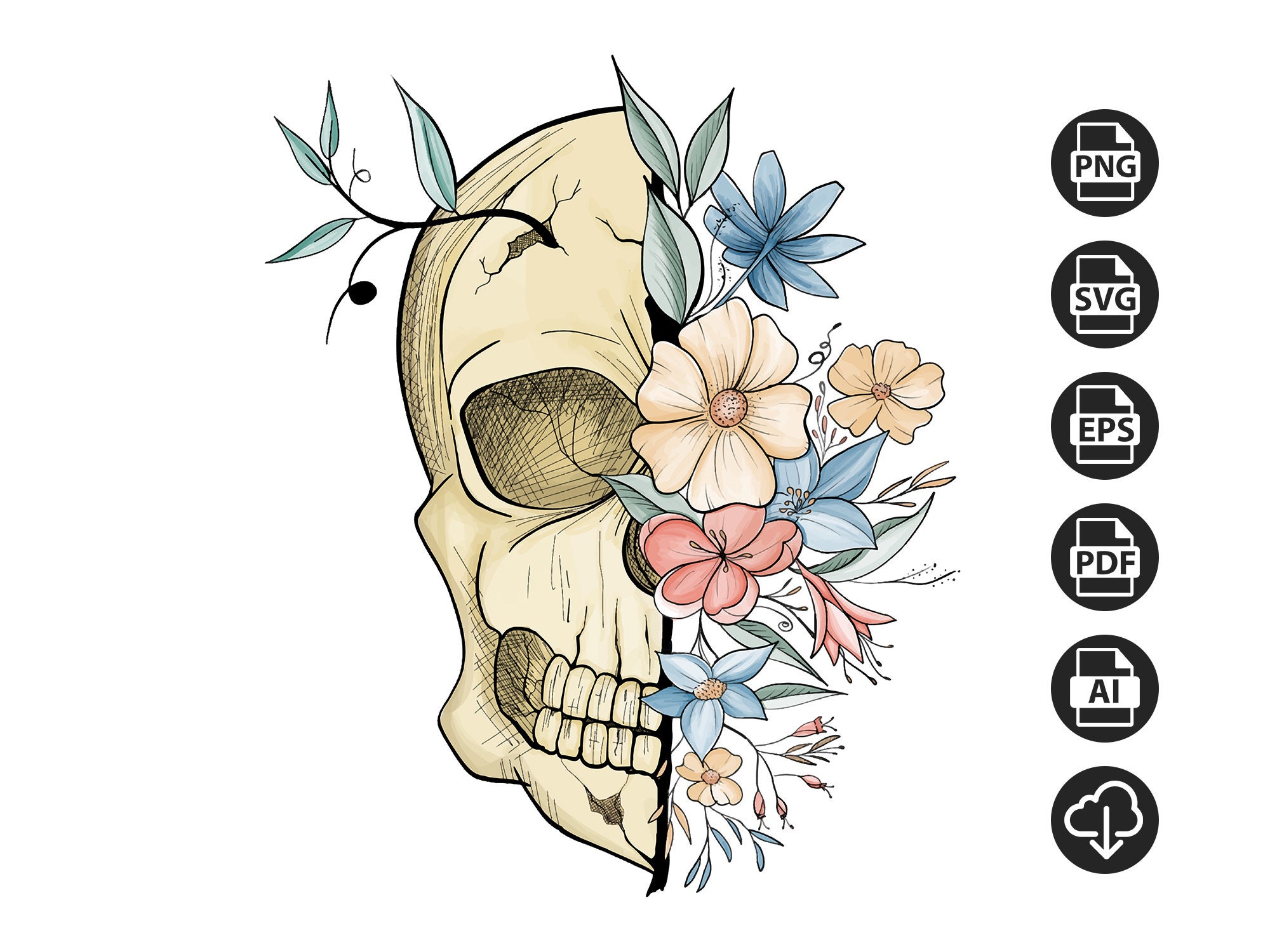 Skull Floral Colorful Flowers Half Skull Half Flowers Botanic - Etsy