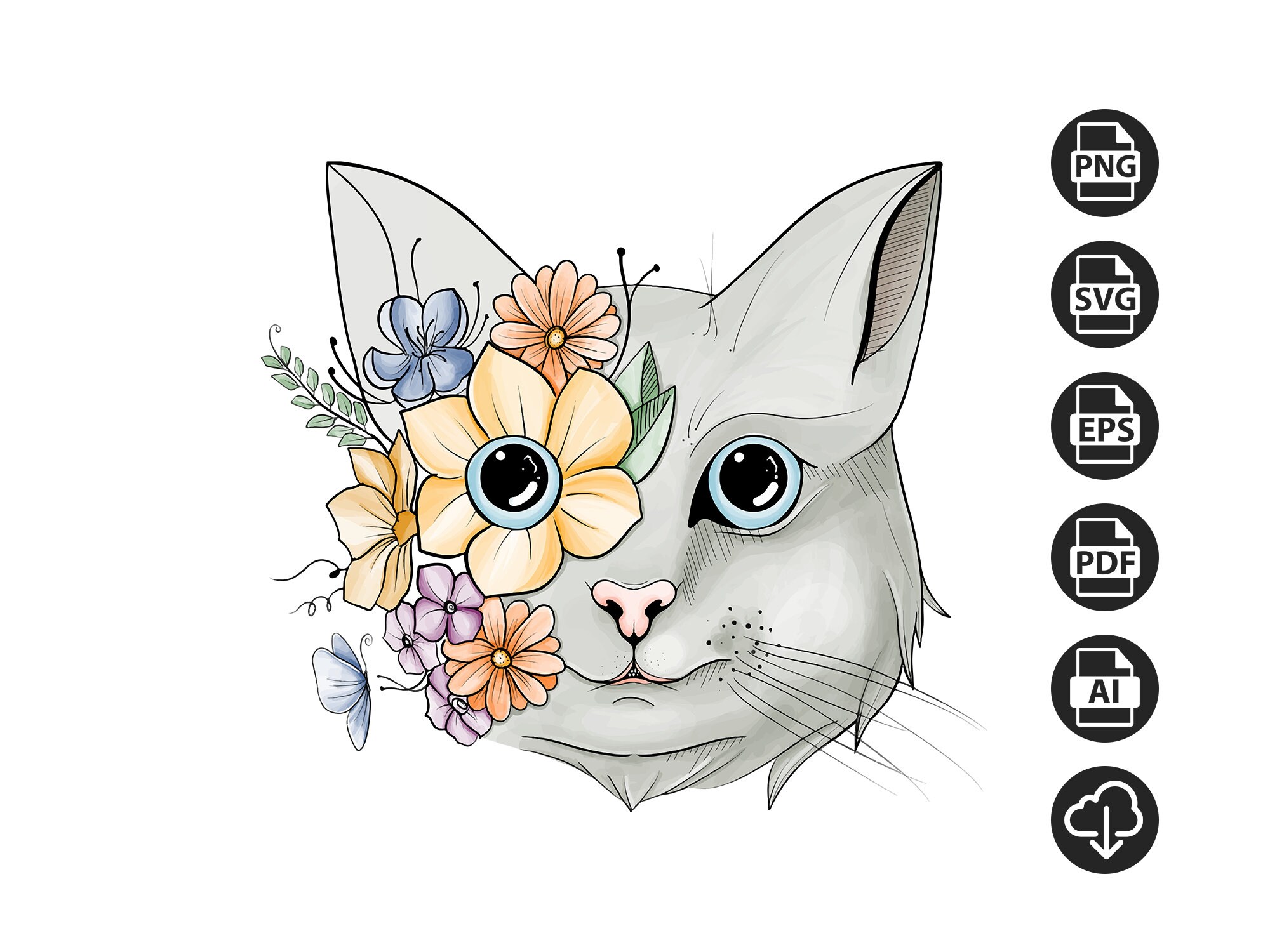 Cute Cat Face Floral Line Art Digital Drawing Svg Png - Etsy