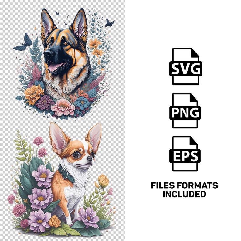 Dogs Breeds Pet Doggy Floral Vector Art Digital Drawing Svg Png Instant ...