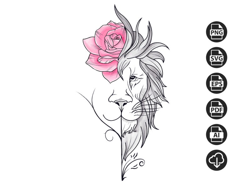 Cara de león con rosa Flor línea arte Diseño floral Cabeza de león ...