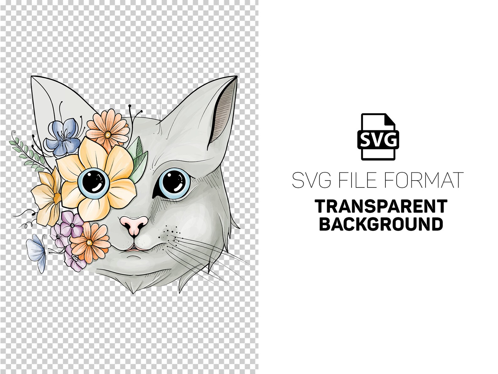 Cute Cat Face Floral Line Art Digital Drawing Svg Png | Etsy
