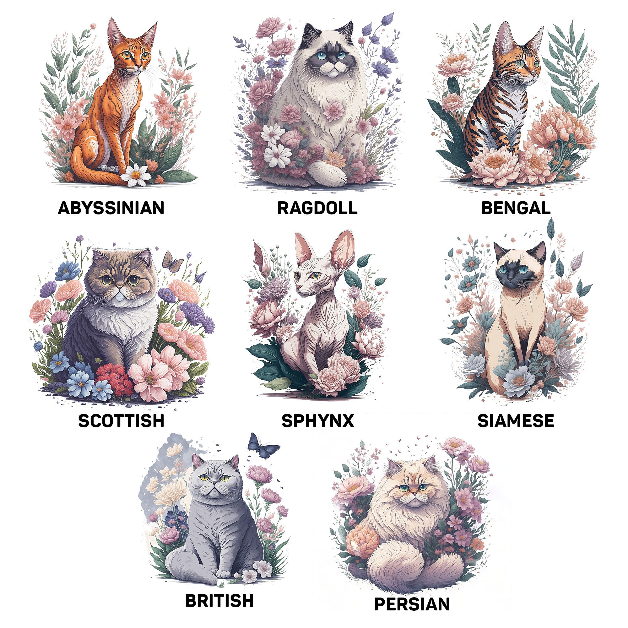 Cats Breeds Kitten Floral Vector Art Digital Drawing Svg Png Instant ...