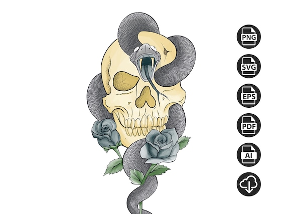 Snake in Skull Head Viper With Black Roses Line Art Digital - Etsy
