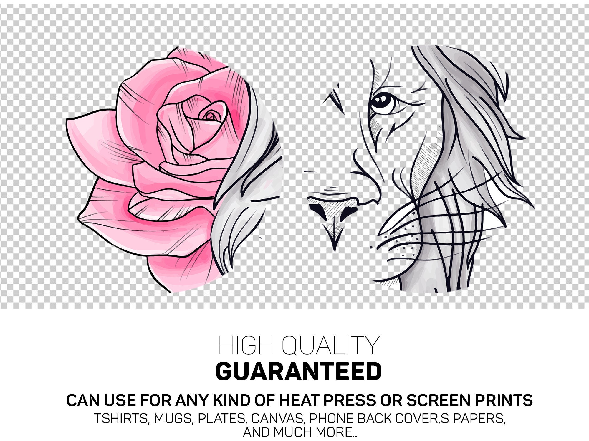 Lion Face With Rose Flower Line Art Floral Design Lion Head Digital ...