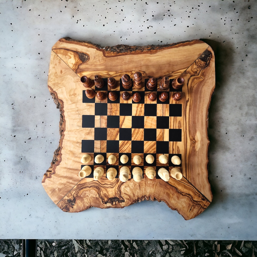 Artisanal Olive Wood Chess Board - 32 Pieces : Live Edge Elegance With ...