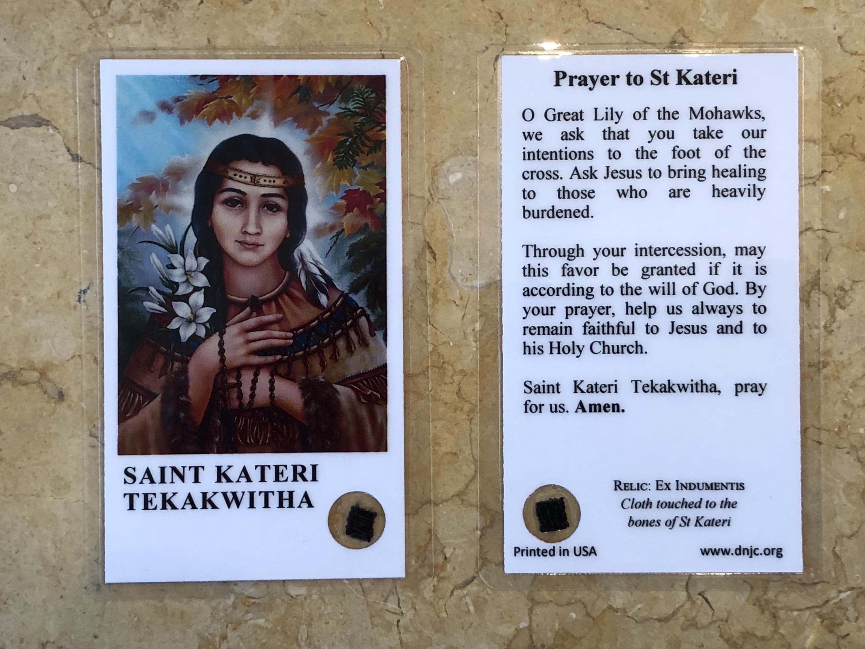 Saint Kateri Tekakwitha Laminated Relic Card - Cloth Touched to Bones ...