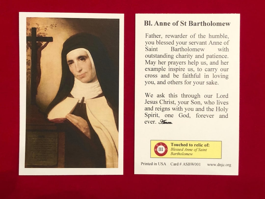 Blessed Anne of St Barthomew Third Class Relic Holy Card (touched to a ...