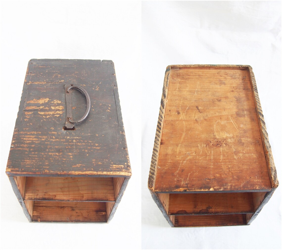 A Japanese antique wood box with two drawers and iron handle | Etsy