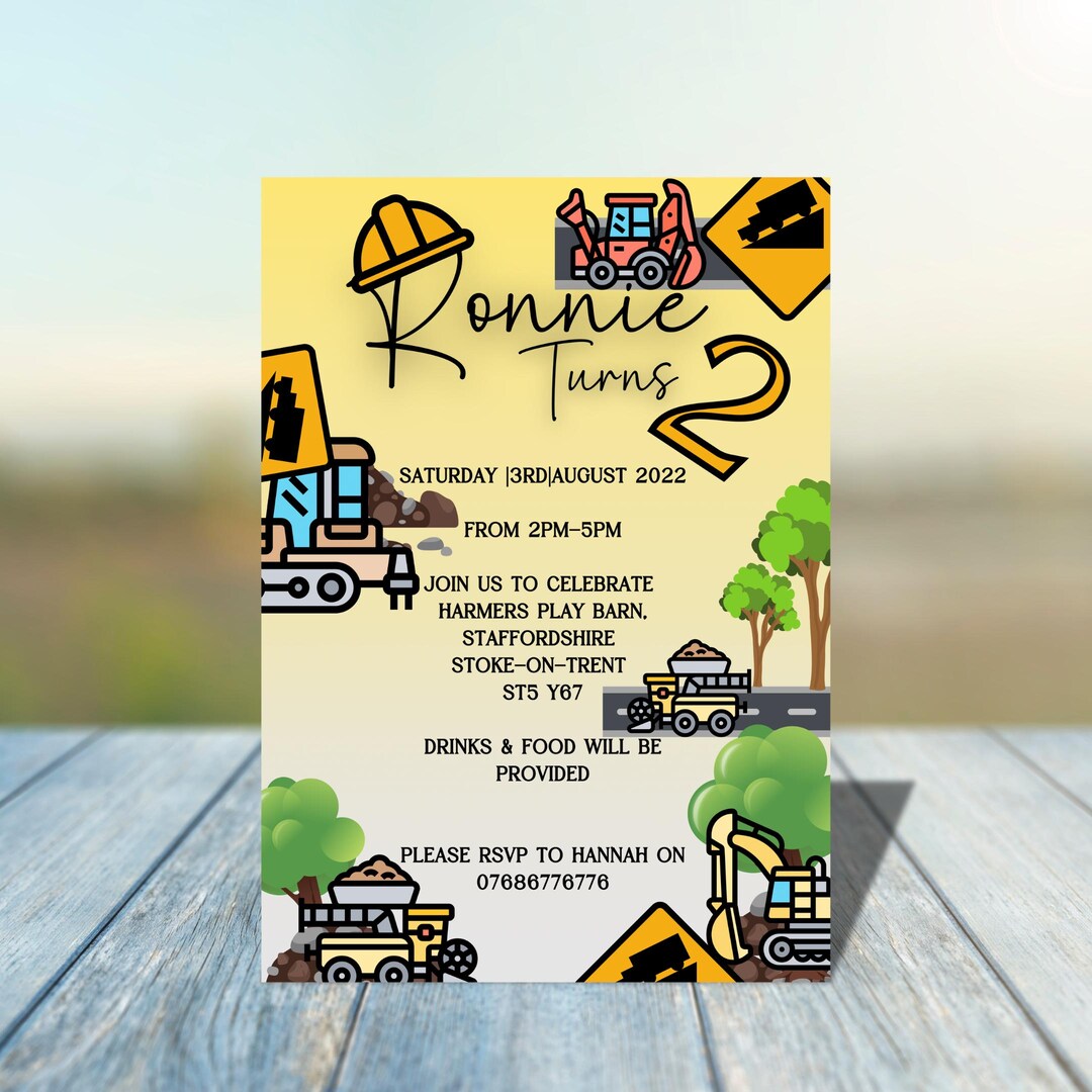 Personalised Digger Birthday Invitation, Digger Theme Birthday, Yellow ...