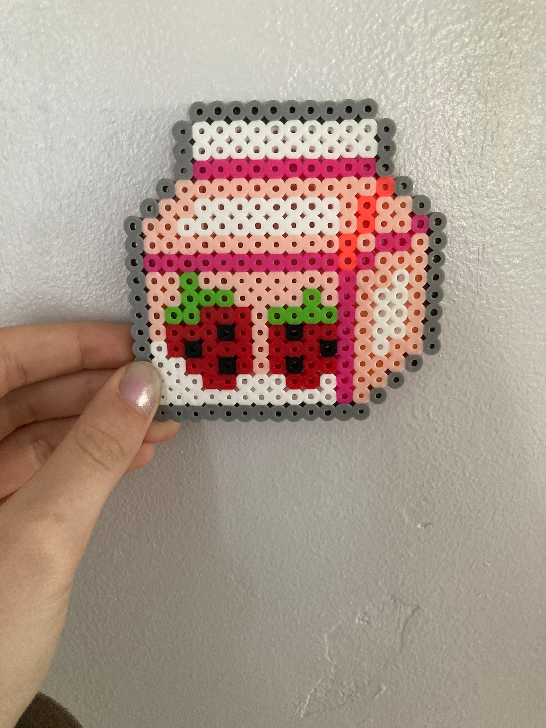 Cute Kawaii Strawberry Milk Carton Perler Bead Handmade Adorable Pink ...
