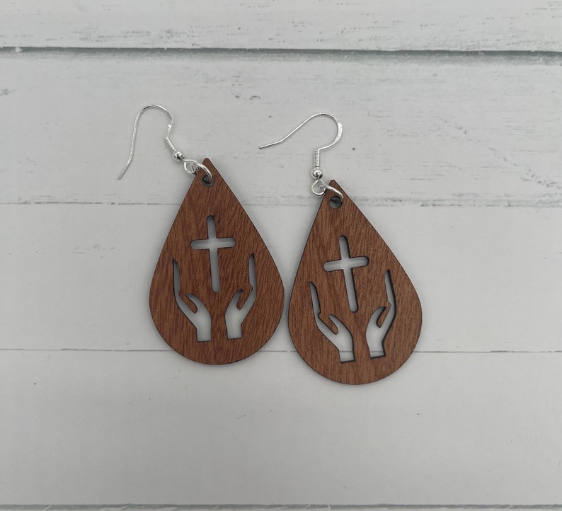 Wood Teardrop Cross Praying Hands Earrings, Christain Earring, Her Gift ...