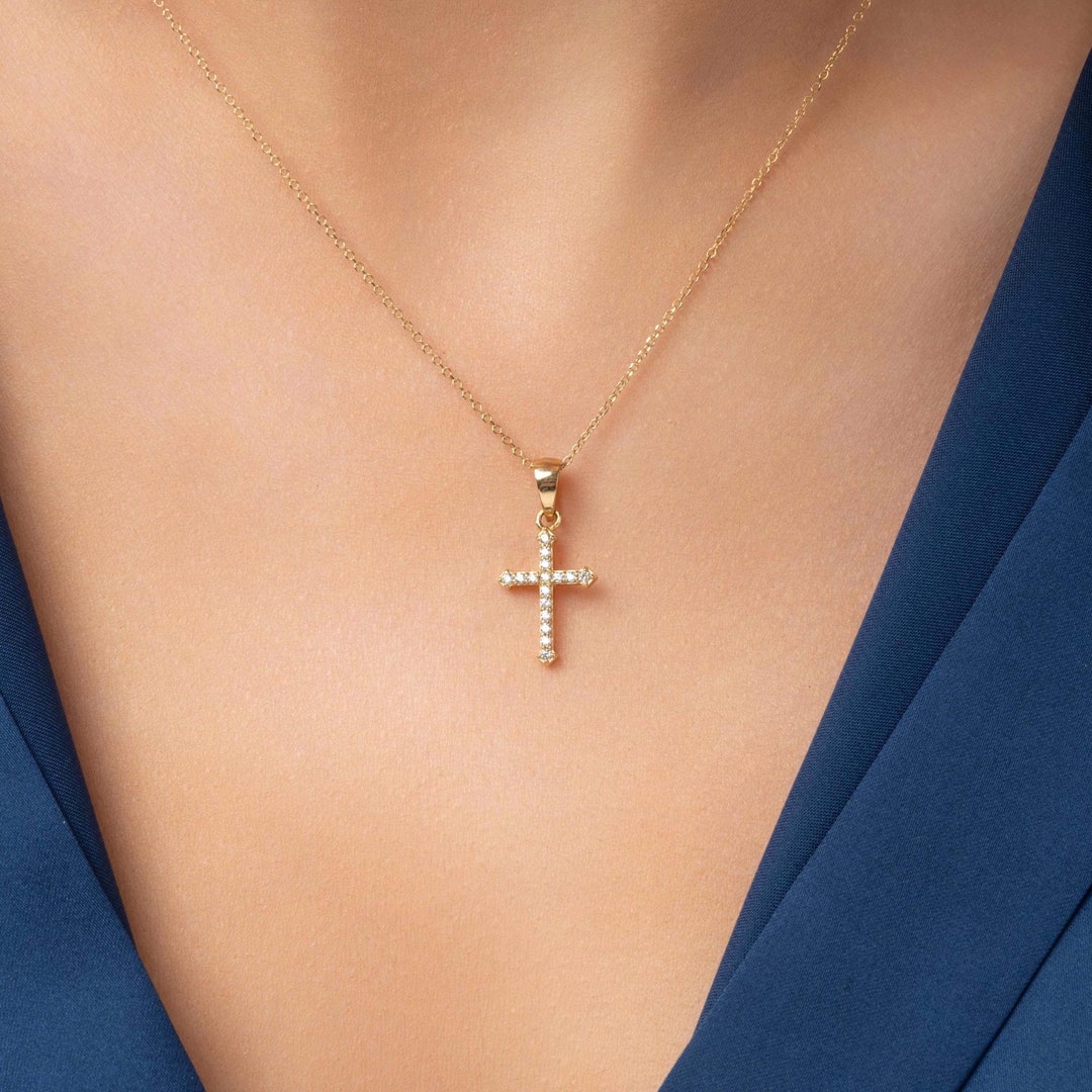 Diamond Cross Necklace, Dainty Pave Cross Necklace, 14k Solid Gold ...