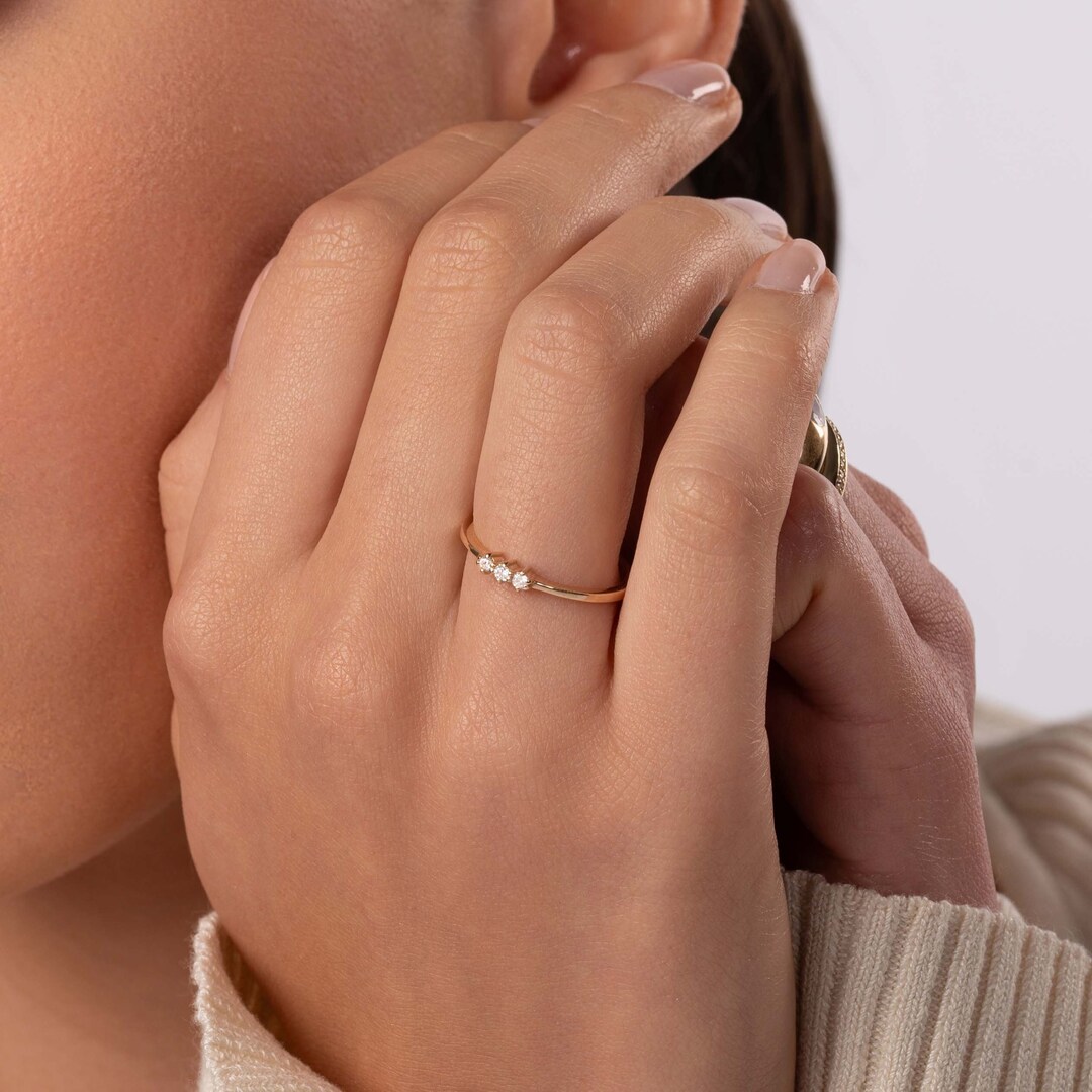 Triple Diamond Ring / 14k Solid Gold Wedding Band / Wedding Diamond ...