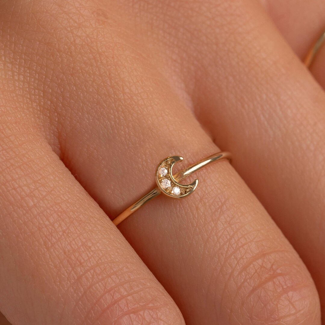 Solid Gold Dainty Diamond Moon Ring Minimalist Crescent Moon Jewelry ...